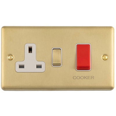 Loops 45A DP Cooker Switch with 13A Switched Socket Satin Brass & White