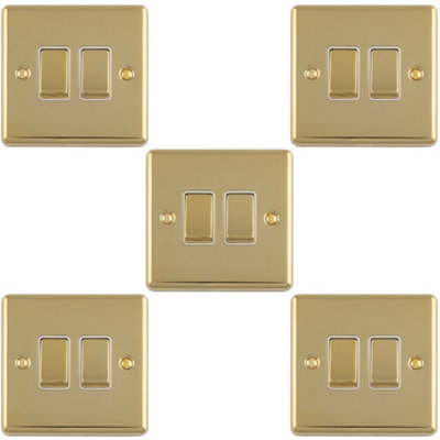 Loops 5 Pack 2-Gang Double Light Switches Polished Brass Plates with ...