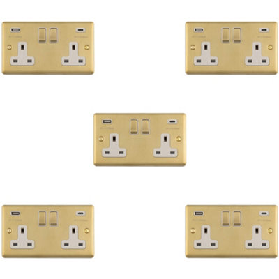 Loops 5-Pack 2-Gang Double UK Socket with Dual 3.1A USB-C & USB-A Satin ...
