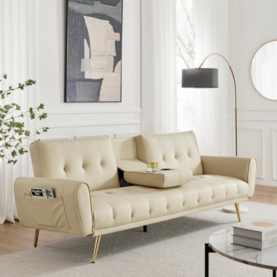 Lora 3 Seater Faux Leather Click Clack Sofa Bed with 2 Cup Holders ...