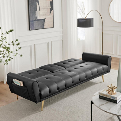 Lora 3 Seater Faux Leather Click Clack Sofa Bed with 2 Cup Holders - Black
