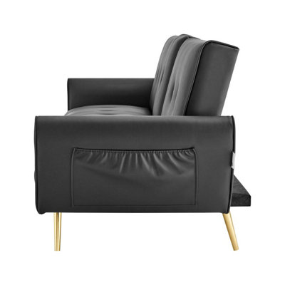 Lora 3 Seater Faux Leather Click Clack Sofa Bed with 2 Cup Holders - Black