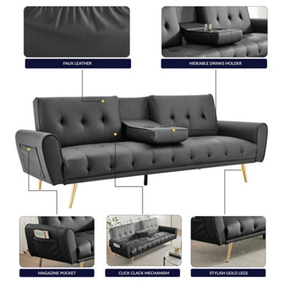 Lora 3 Seater Faux Leather Click Clack Sofa Bed with 2 Cup Holders - Black