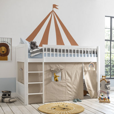 Lottie Kids Midsleeper Solid Wood Cabin Bed with Straight Ladder & Tent in Classic White