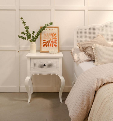 Louis White Bedside Table with Cane Rattan Drawer