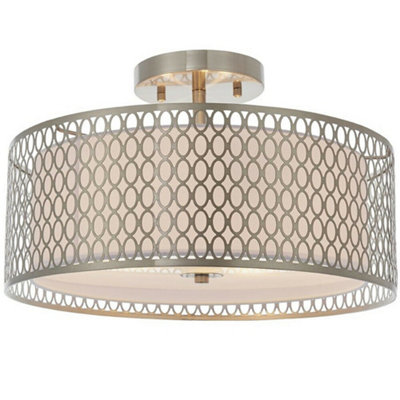 Low Ceiling Geometric Light Satin Nickel Glass & Fabric Round Modern ...