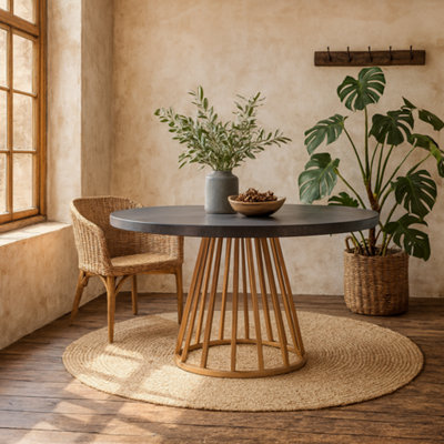 Lucca Round Dining Table, Grey Faux Dark Concrete Top with Brushed Gold ...