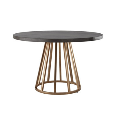 Lucca Round Dining Table, Grey Faux Dark Concrete Top with Brushed Gold ...