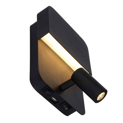 Lucide Boxer Wall Light with LED Reading Light and USB Charging Port Black