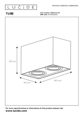 Lucide Tube Modern Rectangle Surface Mounted Ceiling Spotlight - 2xGU10 ...