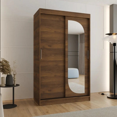Lucy Sliding Door Wardrobe 120cm Oak Walnut with Shaped Mirror Panel