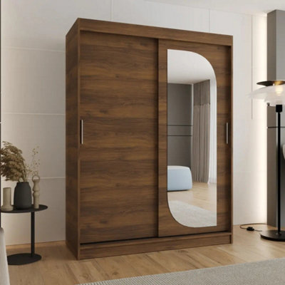 Lucy Wide Sliding Wardrobe 150cm Oak Walnut with Mirrored Accent Door