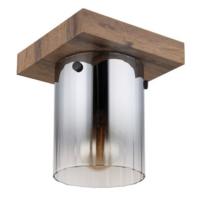 Luminosa Underwood Cylindrical Ceiling Light Wood Look Dark Smoke Glass ...