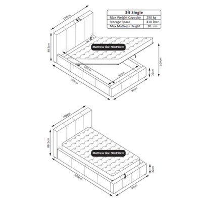 LUNA 3FT Single Grey Ottoman Storage Bed with Gas Lift & 15cm Thick ...