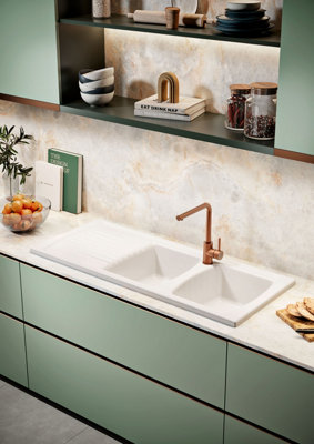 Luna Ceramic Kitchen Sink White 2 Bowl & Drainer With Waste Kit ...