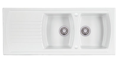 Luna Ceramic Kitchen Sink White 2 Bowl & Drainer With Waste Kit ...