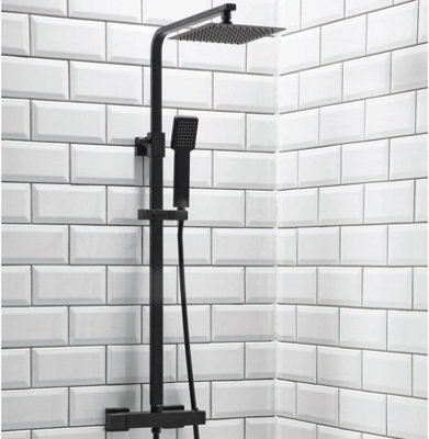 Lunar Matt Black Square Thermostatic Rigid Riser Shower with Diverter