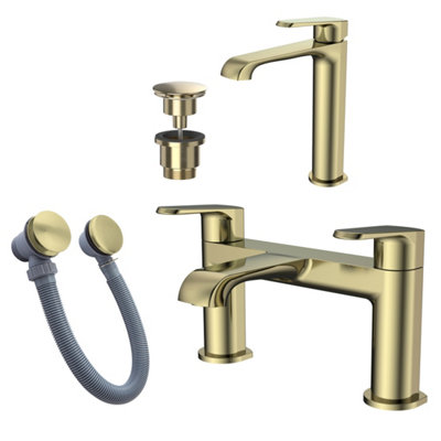 Lunaris Brushed Brass Bath & Basin Tap Set with Wastes, Modern Bath ...