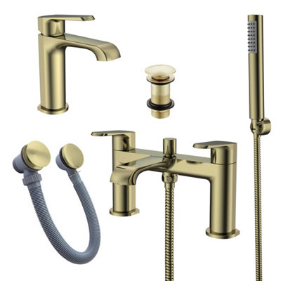 Lunaris Brushed Brass Bath Shower Mixer and Mini Mono Mixer Tap with Bath Waste and Unslotted ...