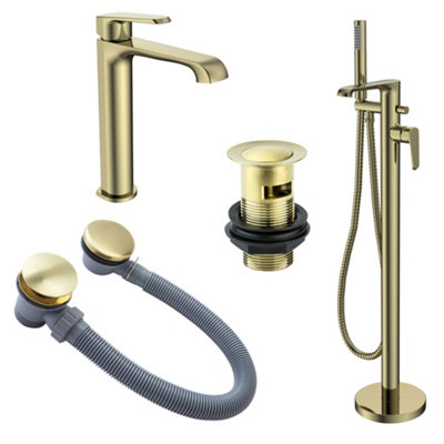 Lunaris Brushed Brass Complete Bathroom Tap Set: Freestanding Bath ...