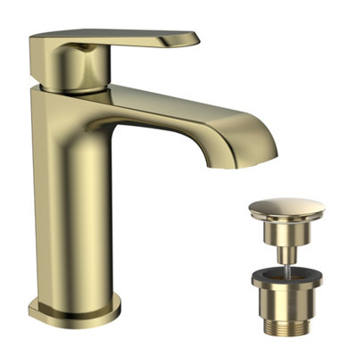 Lunaris Brushed Brass Mono Basin Mixer Tap & Universal Waste Set, Deck Mounted, Single Lever