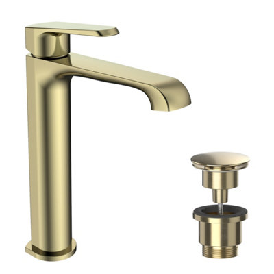 Lunaris Brushed Brass Tall Mono Basin Mixer Tap Deck Mounted with Universal Bath Waste