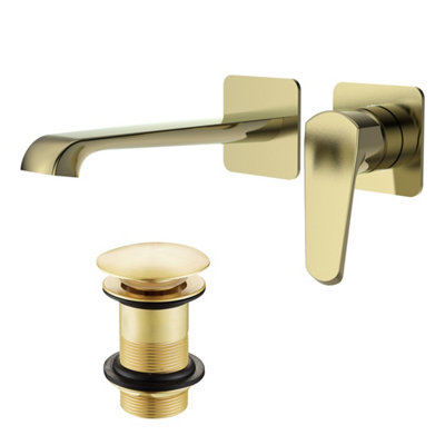 Lunaris Brushed Brass Wall Mounted Basin Filler Mixer Tap Wall Mounted with Unslotted Basin Waste