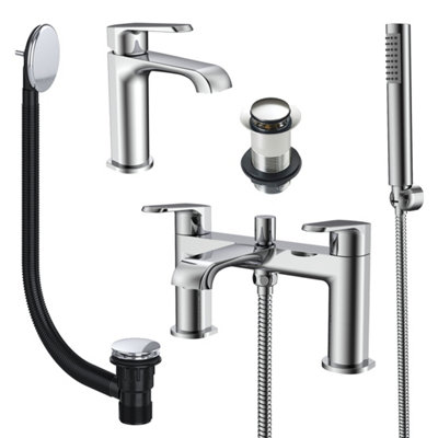 Lunaris Chrome Bath Shower Mixer and Mini Mono Mixer Tap with Bath Waste and Unslotted Basin Waste