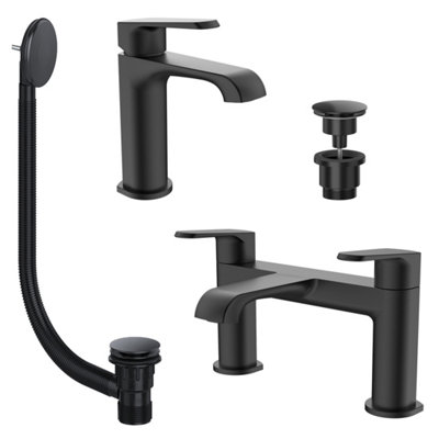 Lunaris Matt Black Bath Filler and Mono Mixer Tap with Bath Waste and Universal Basin Waste