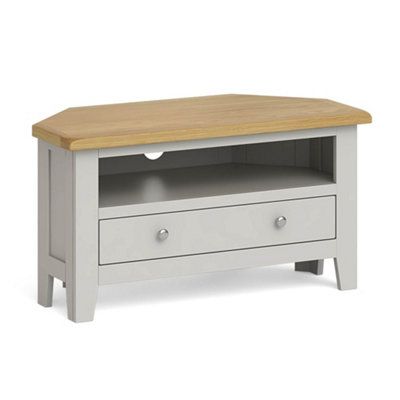Lundy Grey 90cm Corner TV Unit - Fully Assembled - Painted with Oak Top ...