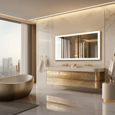 LUVODI 1400x700mm Bathroom Mirror Rectangle Brass Framed Wall Mount LED ...