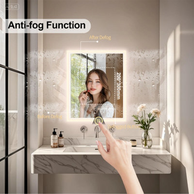 LUVODI 500x600mm Backlit LED Bathroom Mirror, Anti-Fog, 3 Colors Light, Dimmable Smart Makeup ...