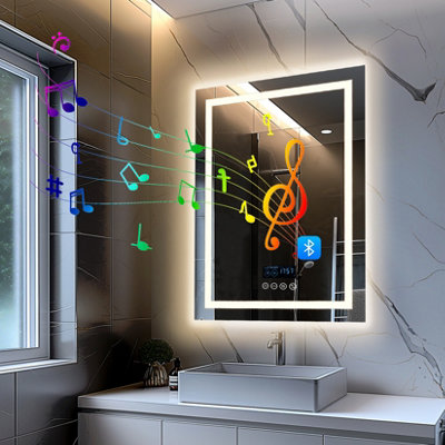 LUVODI 60x80cm Bluetooth LED Bathroom Mirror Front & Backlit Dimmable ...