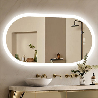 LUVODI Long Oval Bathroom LED Wall Mirror Makeup Mirrors, Backlit, Dimmable, 3 Lights, Anti-fog ...