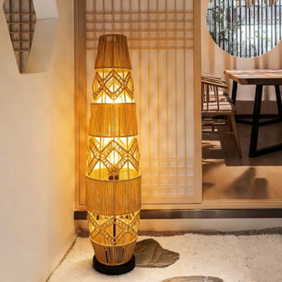 LUVODI Vintage Rattan LED Floor Lamp Dimmable New Chinese Shades Floor ...