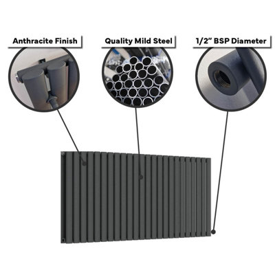 Lux Heat Anthracite Grey Oval Horizontal Double Panel Designer Radiator ...