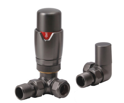 Lux Heat Corner Brushed Gunmetal Thermostatic Radiator Valve (TRV) Set