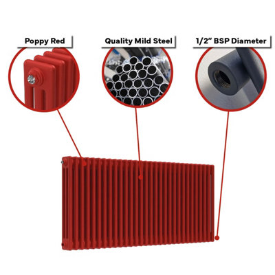 Lux Heat Poppy Red Horizontal 3 Column Traditional Radiator 500mm (H) x ...