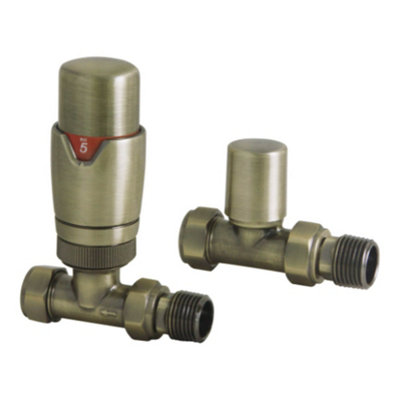 Lux Heat Straight Brushed Brass Thermostatic Radiator Valve (TRV) Set