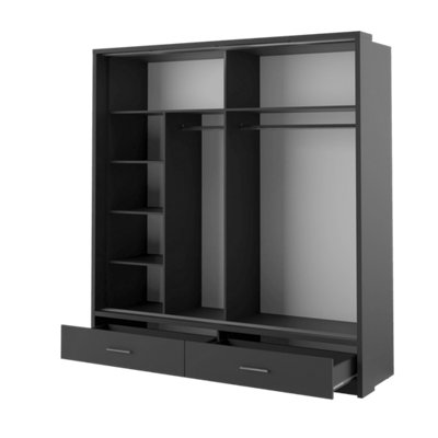 Lux V - Black Sliding Door Mirrored Wardrobe with Shelves And Drawers ...