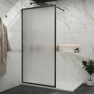 Luxor 900mm Walk in Wet Room Fluted Shower Enclosure Screen with Matt Black Frame 8mm Nano Glass ...