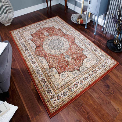 Luxurious Bordered Traditional Persian Floral Beige Wool Rug for Living ...