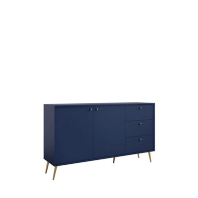 Luxurious Dark Blue Sideboard Cabinet 156cm - Gold Accents & Smooth ...