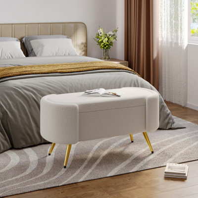 Luxurious White Fabric Upholstered Accent Bench Bed End Bench with Metal Legs