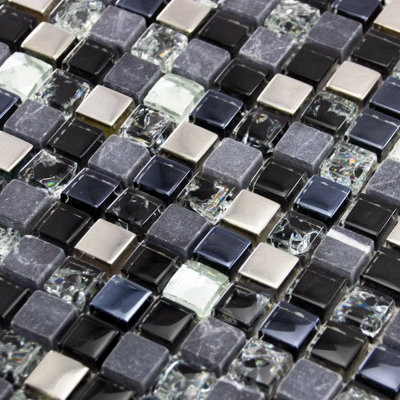 Luxury Black, Grey & Diamond Glass, Stone & Steel Mosaic Wall Tiles ...