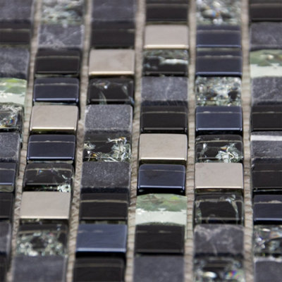 Luxury Black, Grey & Diamond Glass, Stone & Steel Mosaic Wall Tiles ...