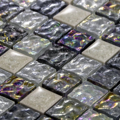 Luxury Blue Iridescent Glass & Ivory Stone Mosaic Tile Sheet 8mm (305 x ...