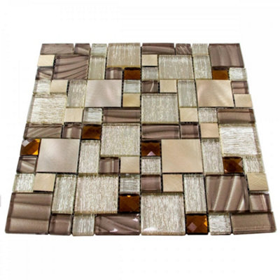 Luxury Brown, Caramel & Beige Glass & Brushed Steel Mosaic Wall Tiles ...