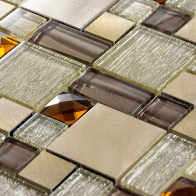 Luxury Brown, Caramel & Beige Glass & Brushed Steel Mosaic Wall Tiles ...