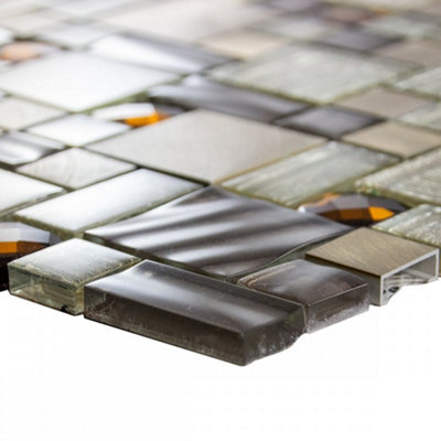Luxury Brown, Caramel & Beige Glass & Brushed Steel Mosaic Wall Tiles ...